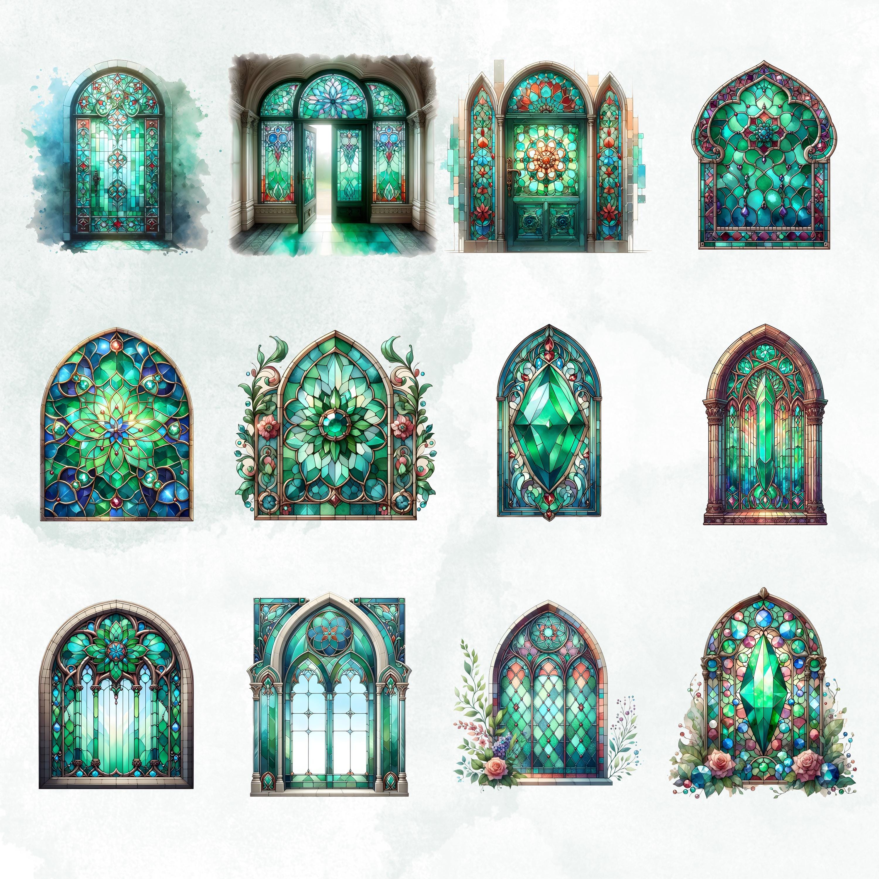 Emerald Stained Glass Window Clipart Collection, 33 Watercolor Pngs for ...