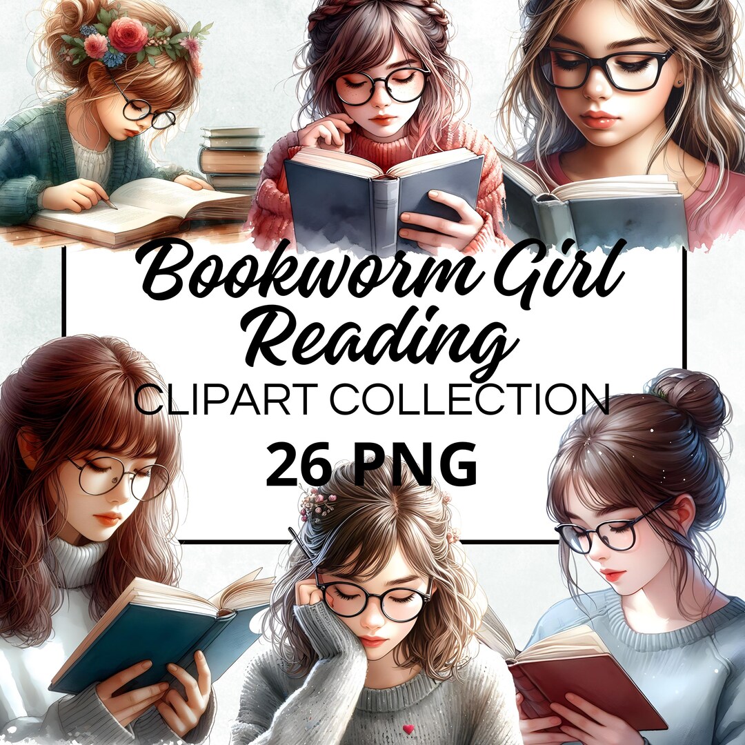 Bookworm Reading Girl Clipart Collection, 26 Watercolor Pngs for ...