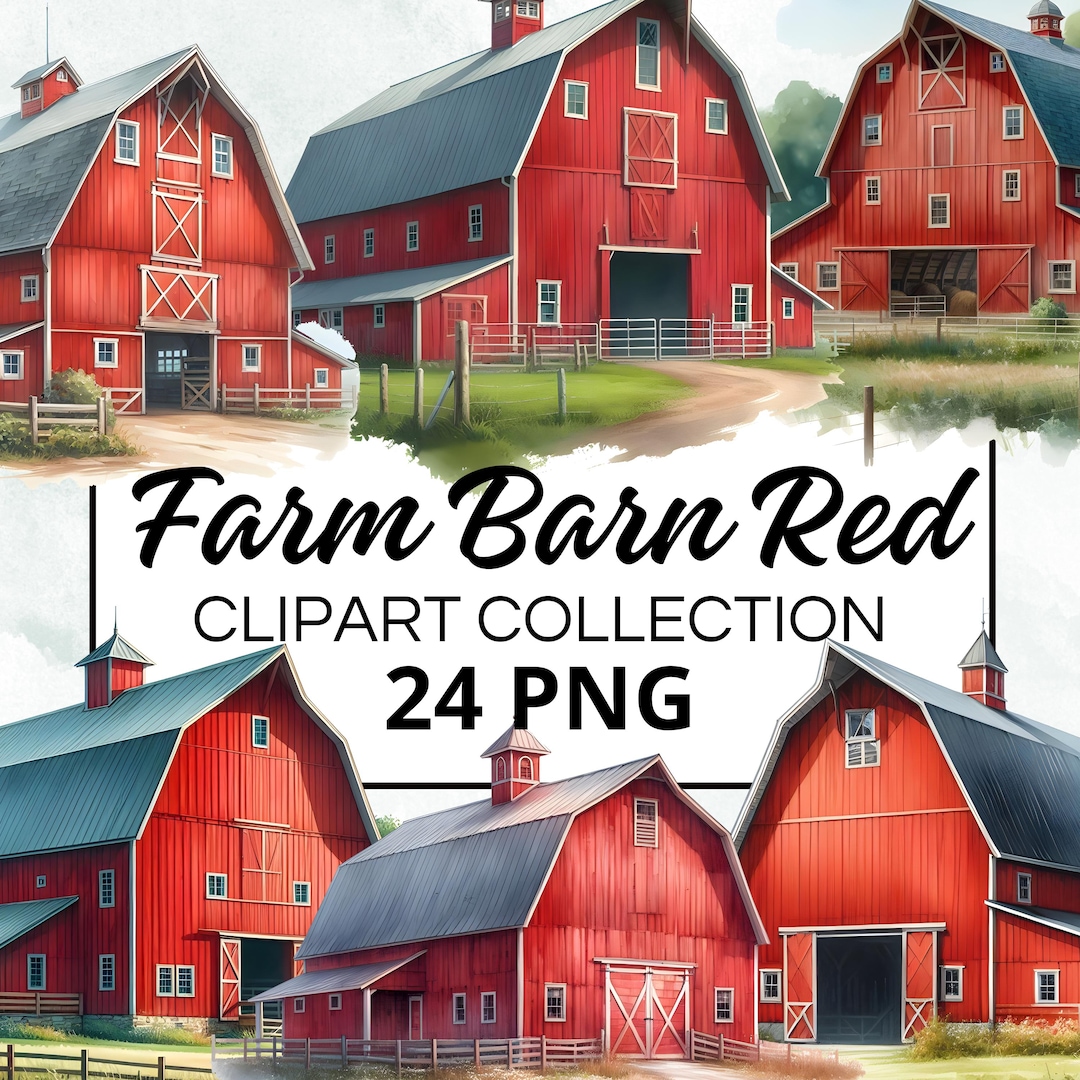 Red Farm Barn Clipart Collection, 24 Watercolor Pngs for Instant ...