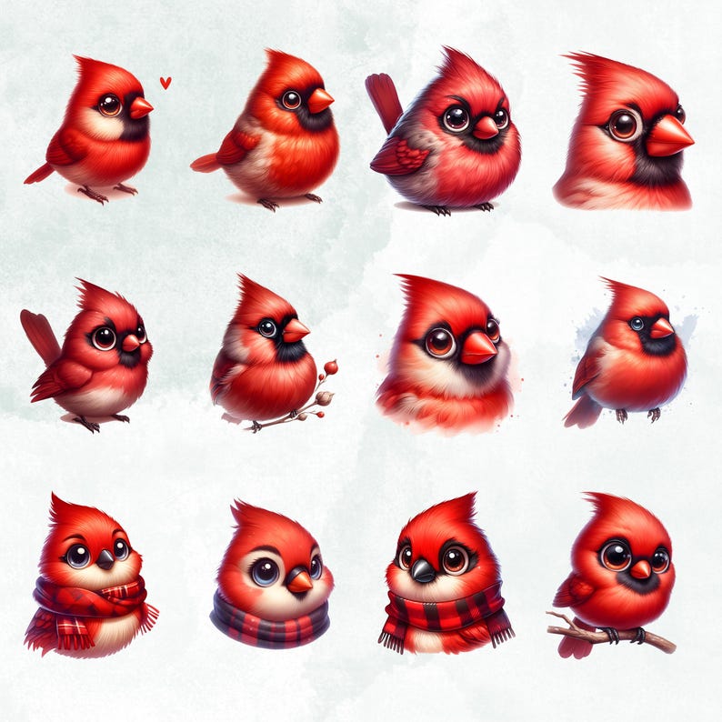 Red Cardinal Cute Watercolor Clipart Bundle, Digital Scrapbook & Craft ...