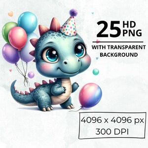 Dino Birthday Party Clipart Collection, 25 Watercolor Pngs for Instant ...