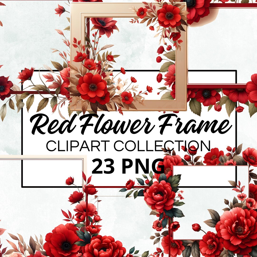Frame Flower Red Clipart Collection, 23 Watercolor Pngs for Instant ...