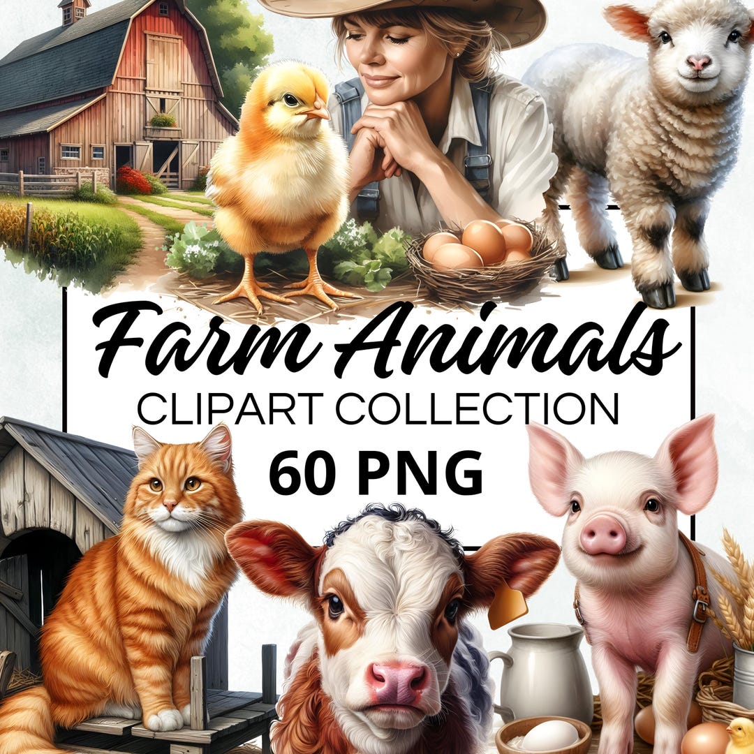 Farm Animals Clipart Collection, 60 Watercolor Pngs for Instant ...