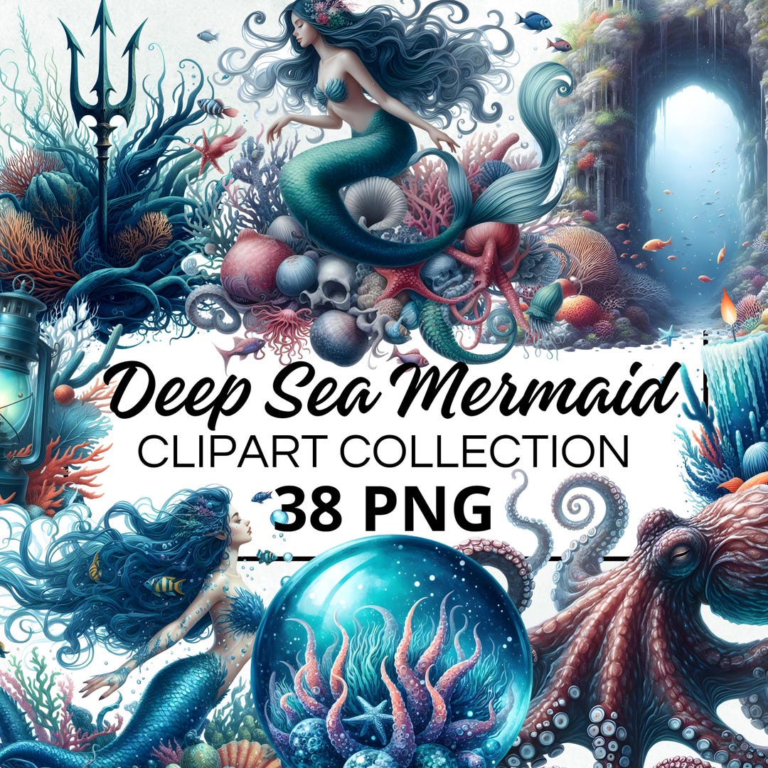 Mermaid Deep Sea Watercolor Clipart Bundle, Digital Scrapbook & Craft ...