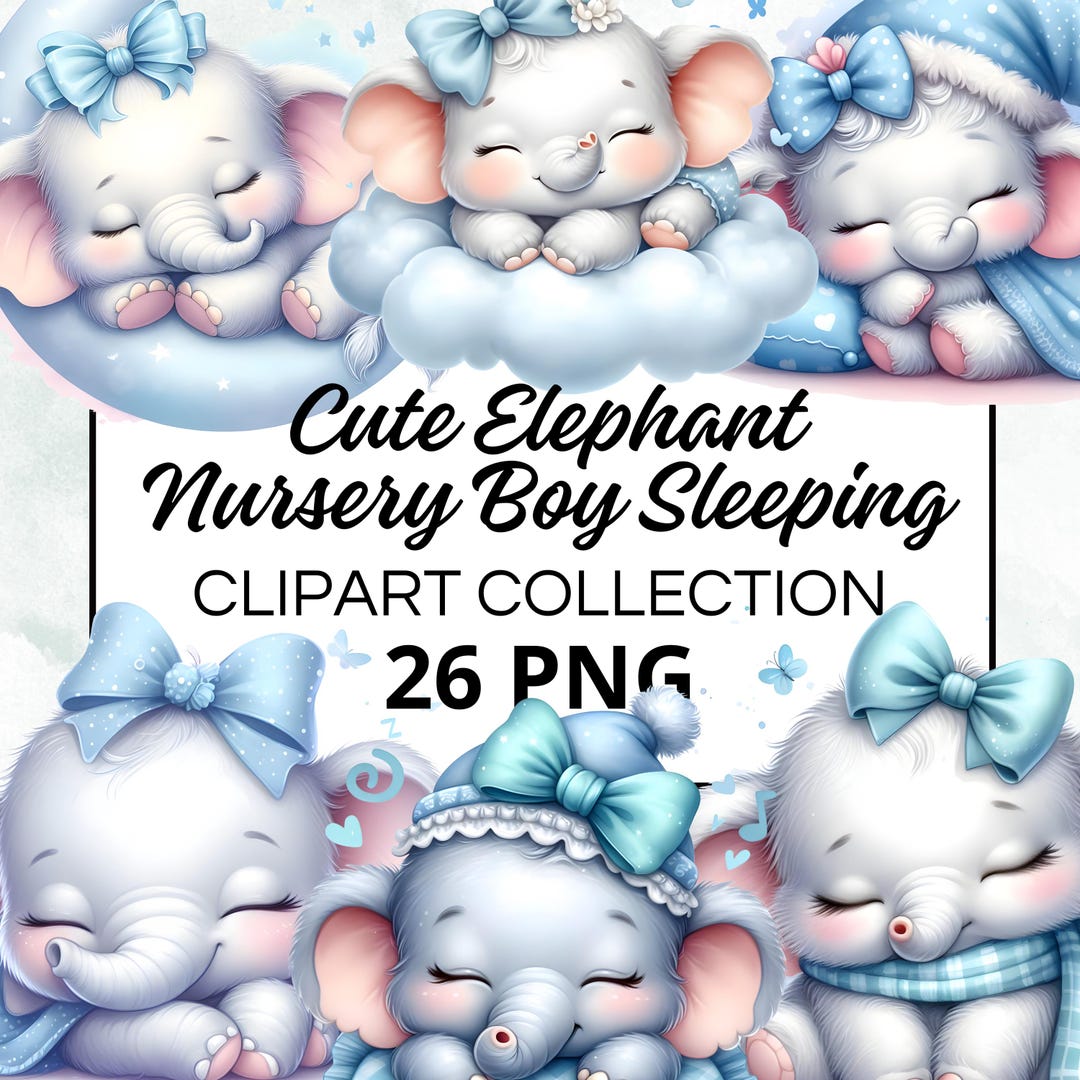 Cute Elephant Nursery Boy Sleeping Clipart Collection, 26 Watercolor ...