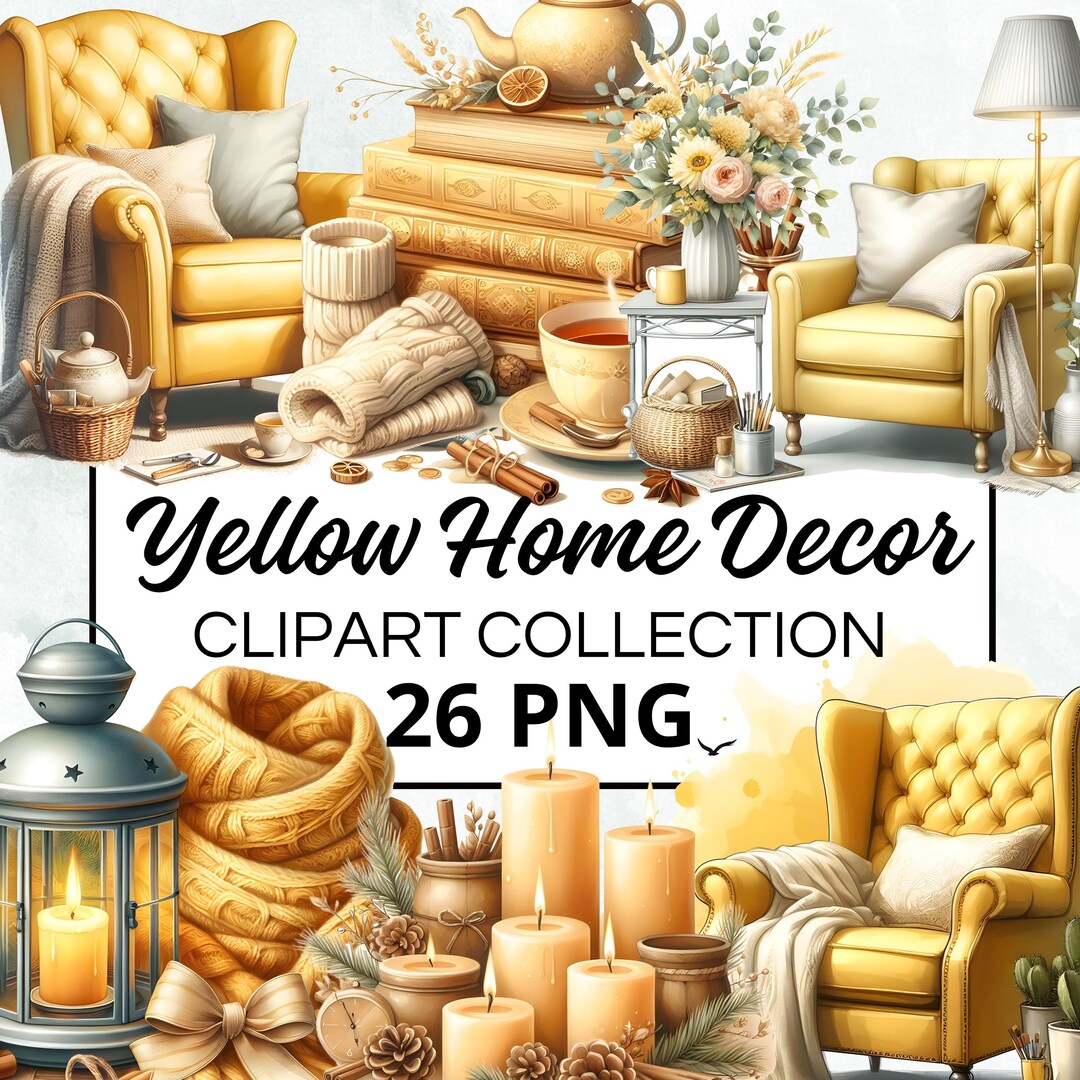 Home Decor Yellow Watercolor Clipart Bundle, Digital Scrapbook & Craft ...