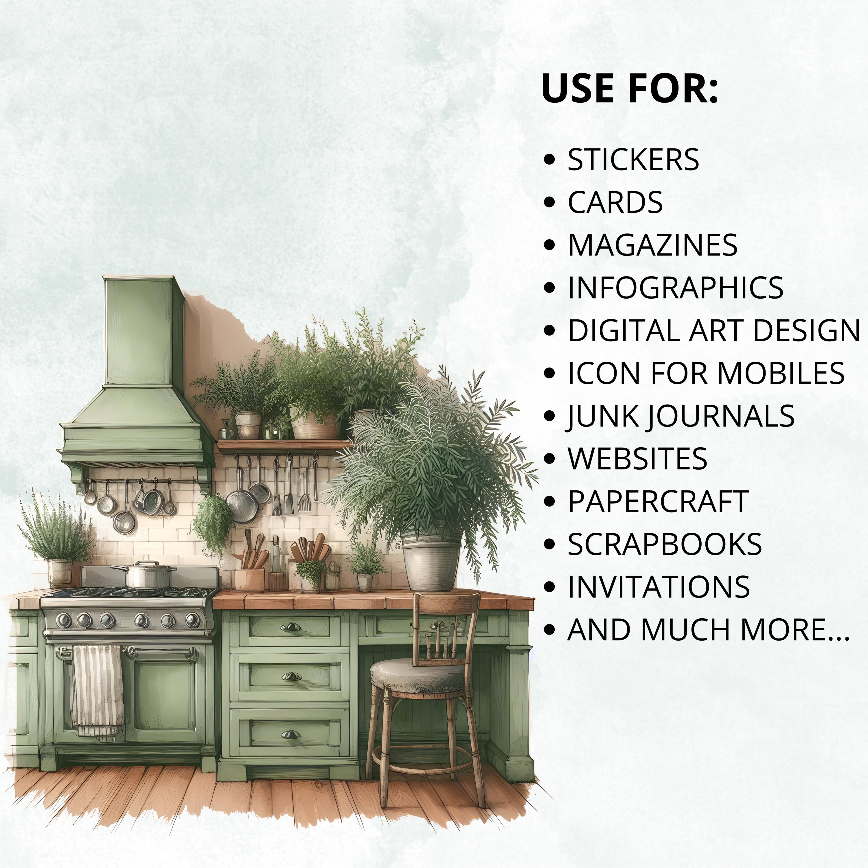 Kitchen Rustic Sage Green Watercolor Clipart Bundle, Digital Scrapbook ...