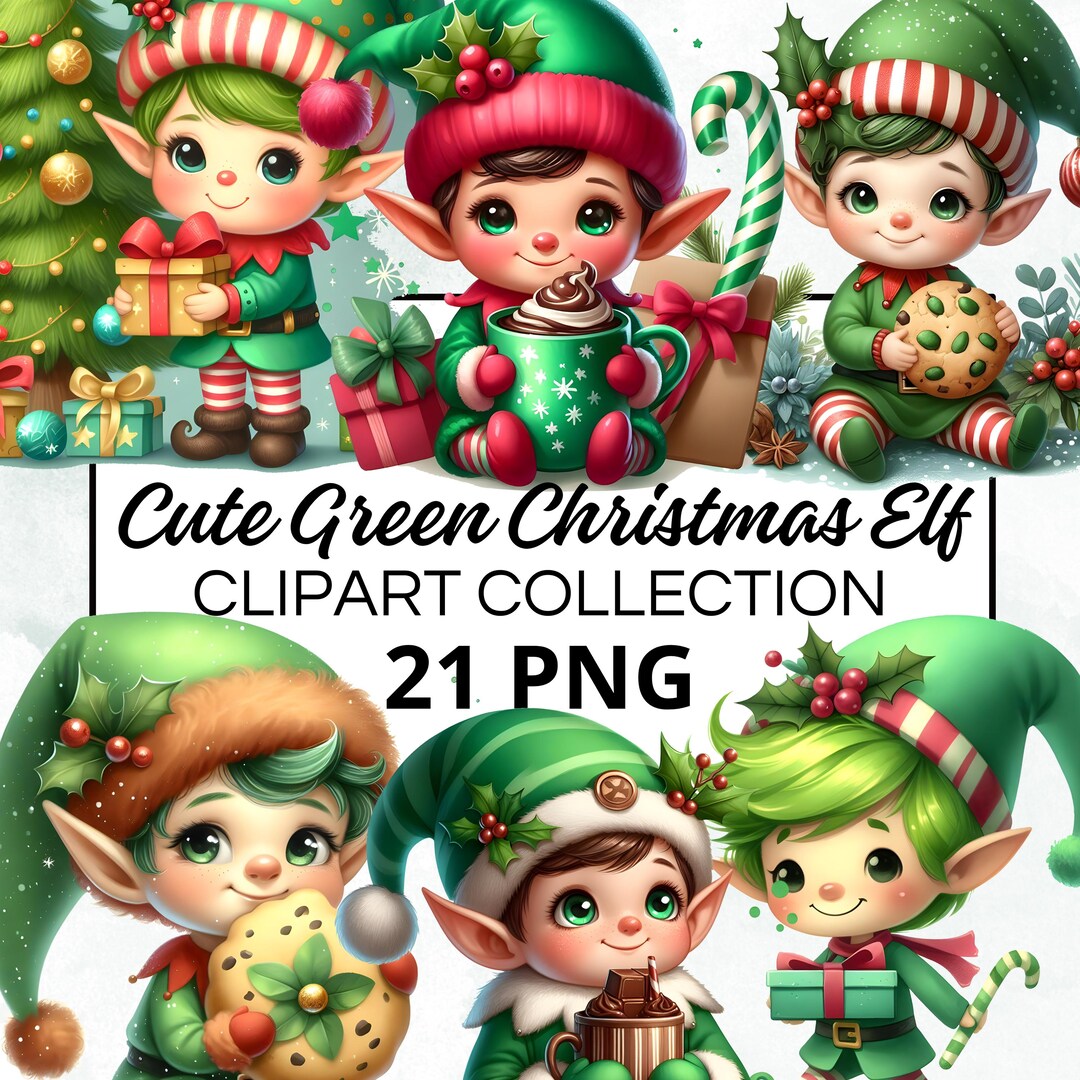 Cute Green Christmas Elf Clipart Collection, 21 Watercolor Pngs for ...
