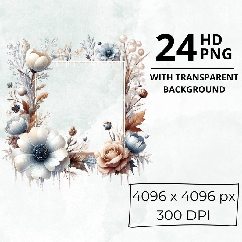 Winter Flower Border Watercolor Clipart Bundle, Digital Scrapbook ...