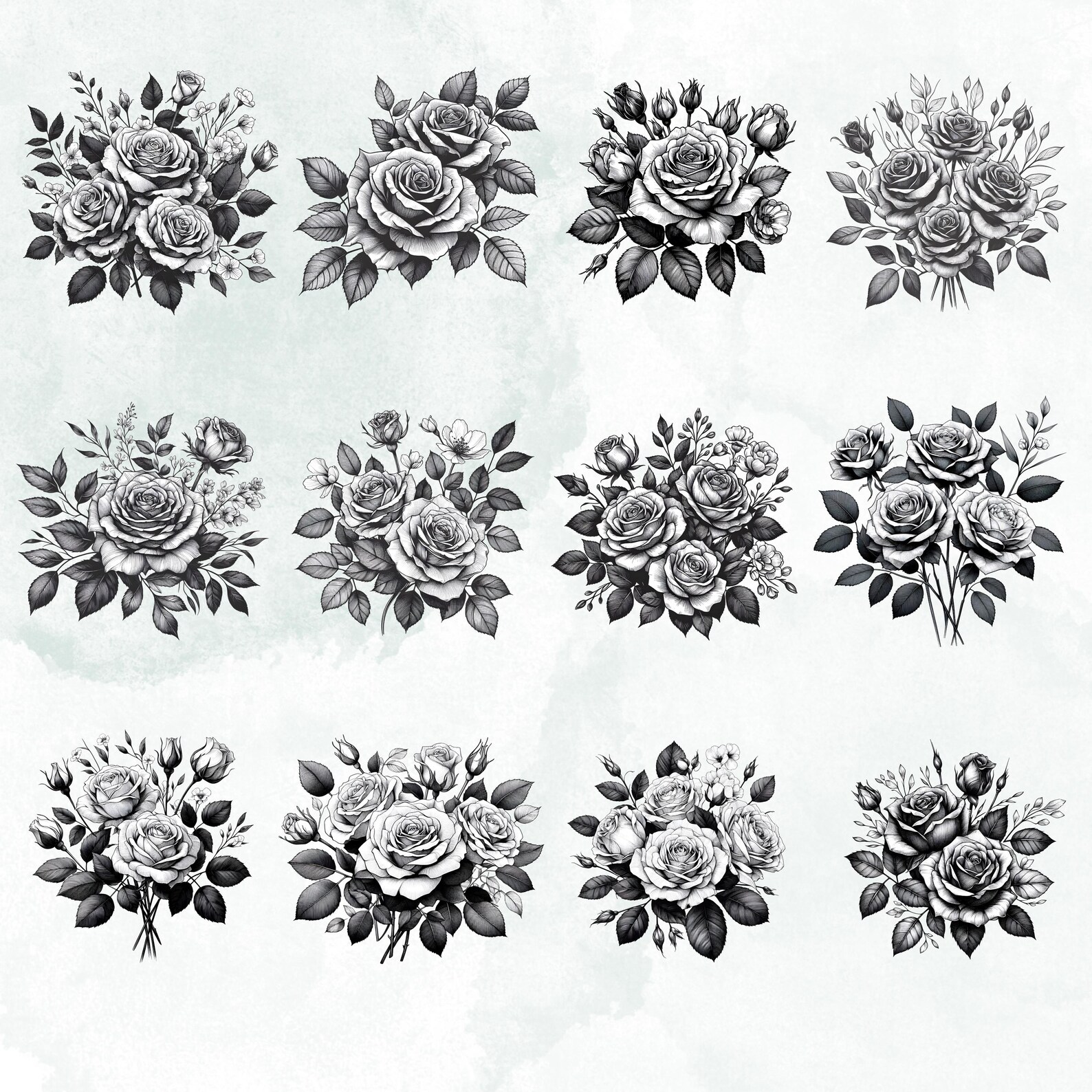 24 Watercolor Black Line Rose Clipart Bundle, Watercolor Clipart, PNG ...