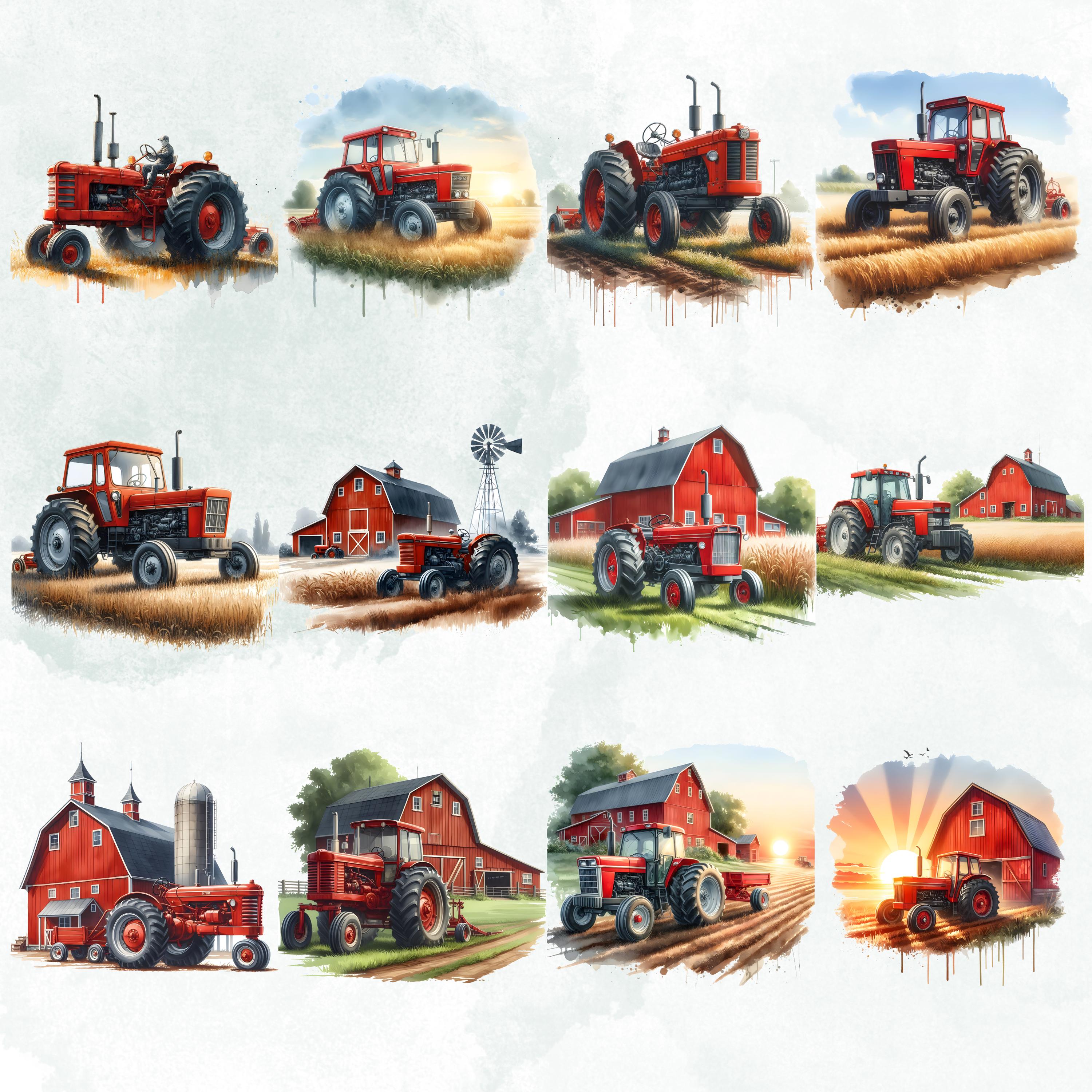Farm Red Tractor Clipart Collection, 34 Watercolor Pngs for Instant ...