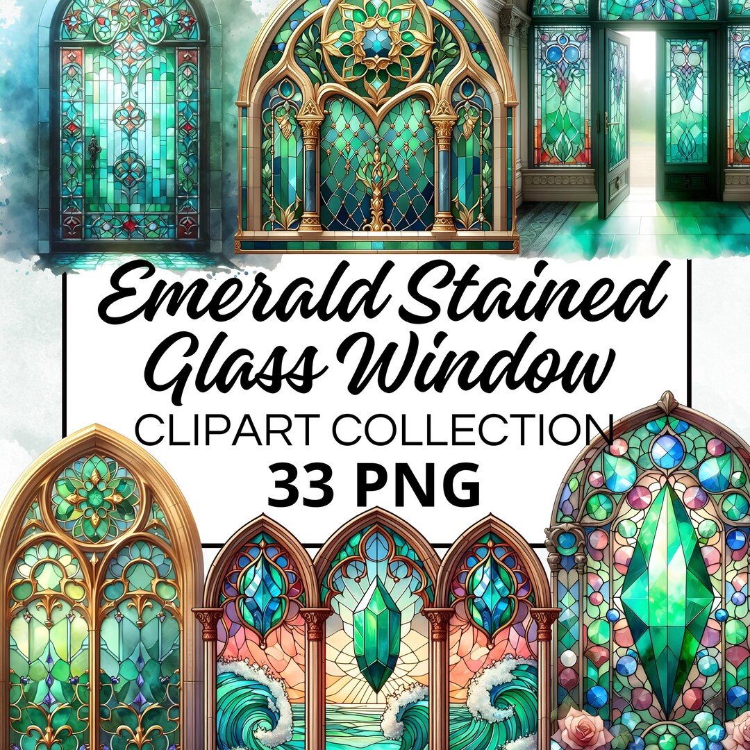 Emerald Stained Glass Window Clipart Collection, 33 Watercolor Pngs for ...