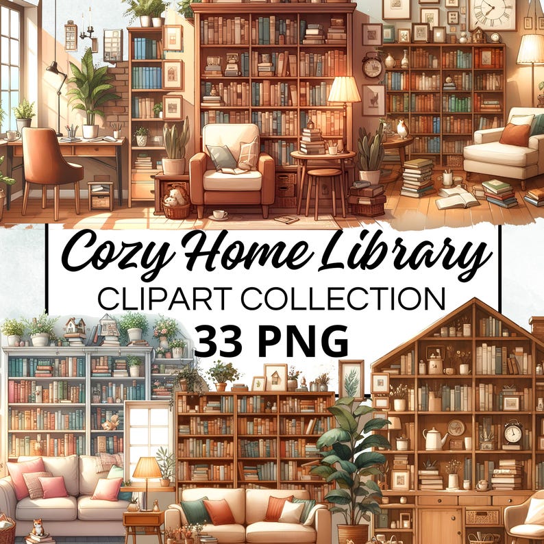 Cozy Home Library Clipart Collection, 33 Watercolor Pngs for Instant ...