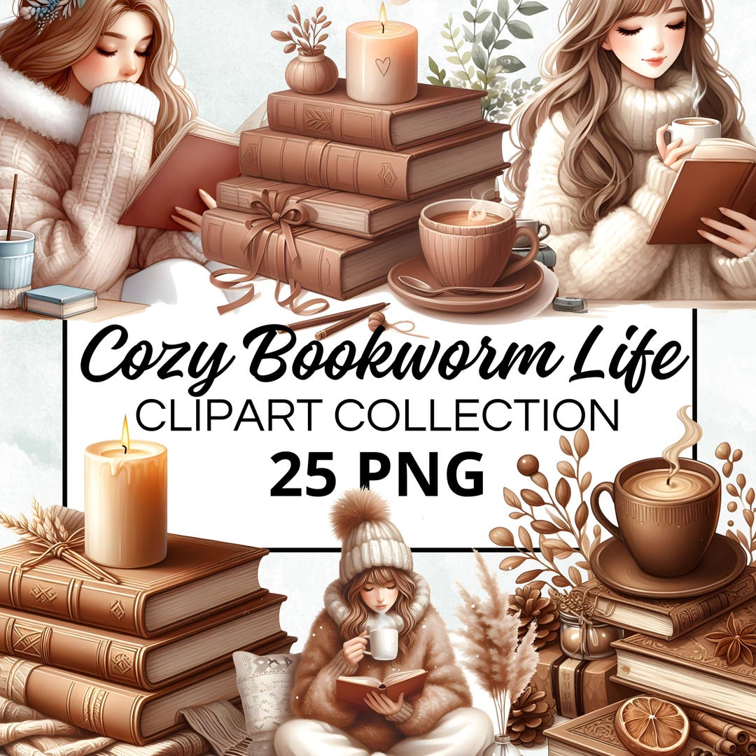 Cozy Bookworm Life Clipart Collection, 25 Watercolor Pngs for Instant ...