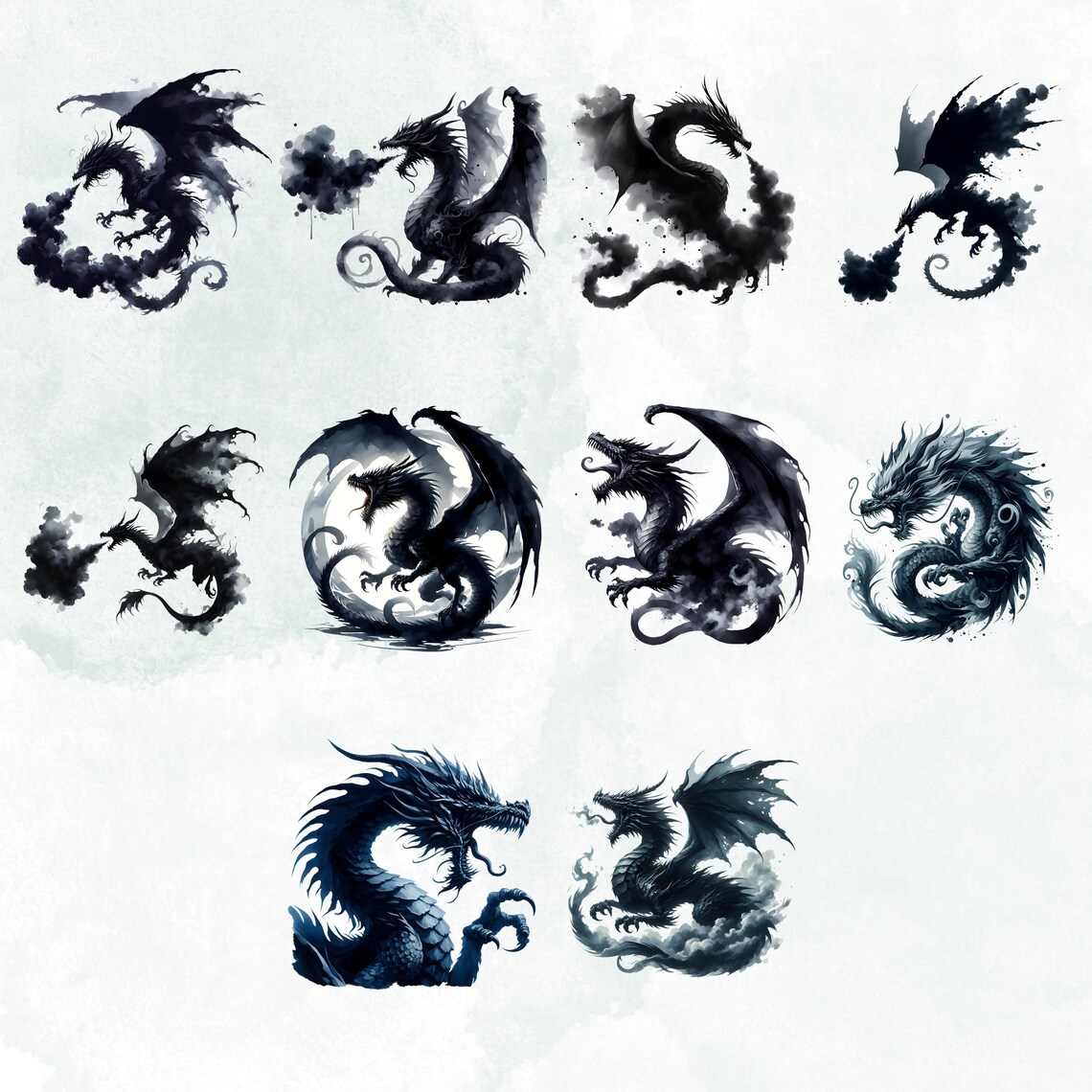 Dragon Shadow Clipart Collection, 34 Watercolor Pngs for Instant ...
