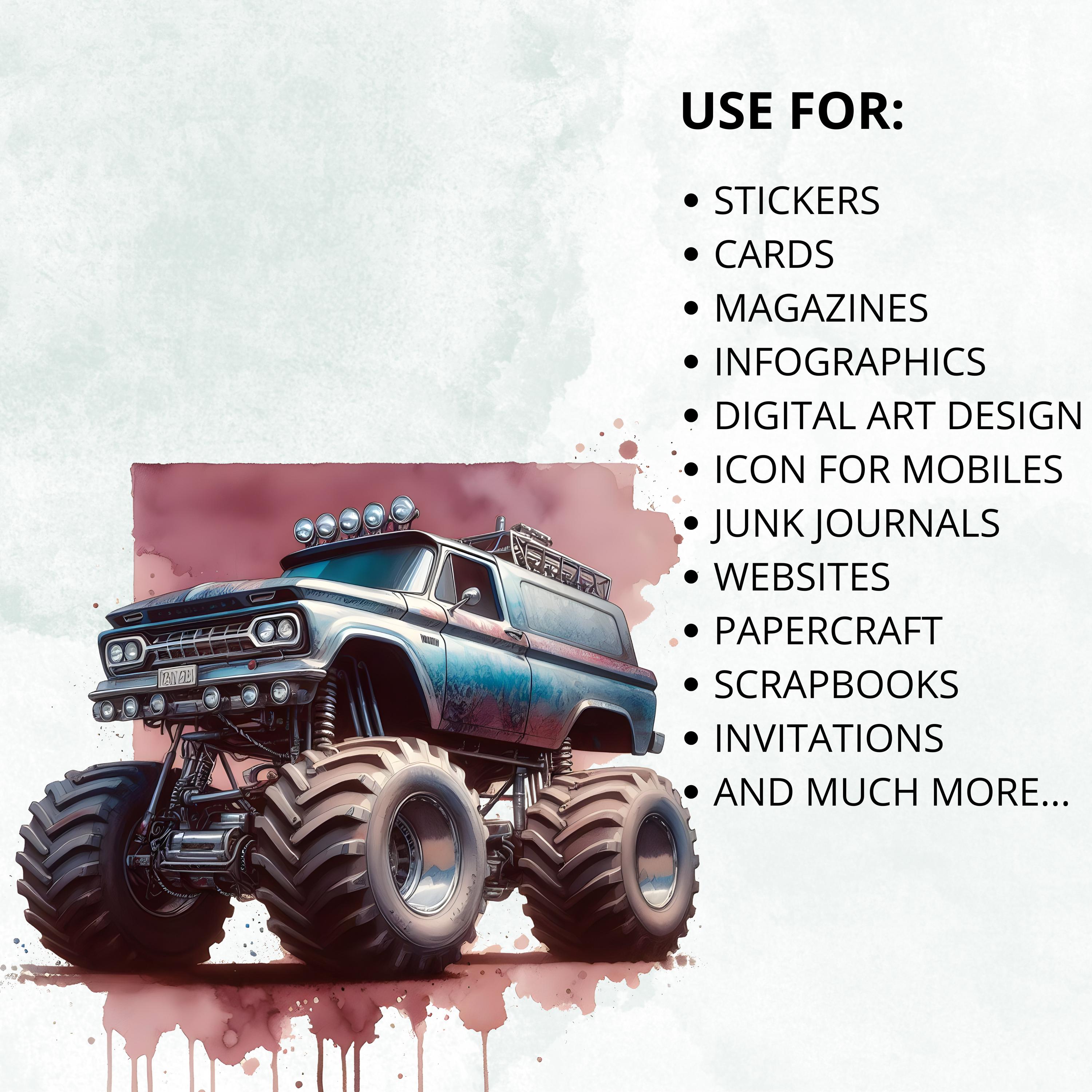 Monster Truck Watercolor Clipart Bundle, Digital Scrapbook & Craft ...