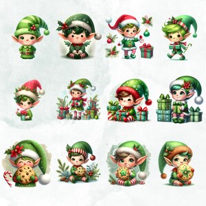 Cute Green Christmas Elf Clipart Collection, 21 Watercolor Pngs for ...