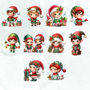 Christmas Elf Cute Clipart Collection, 22 Watercolor Pngs for Instant ...