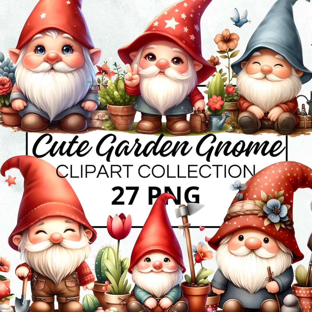 Cute Garden Gnome Clipart Collection, 27 Watercolor Pngs for Instant ...