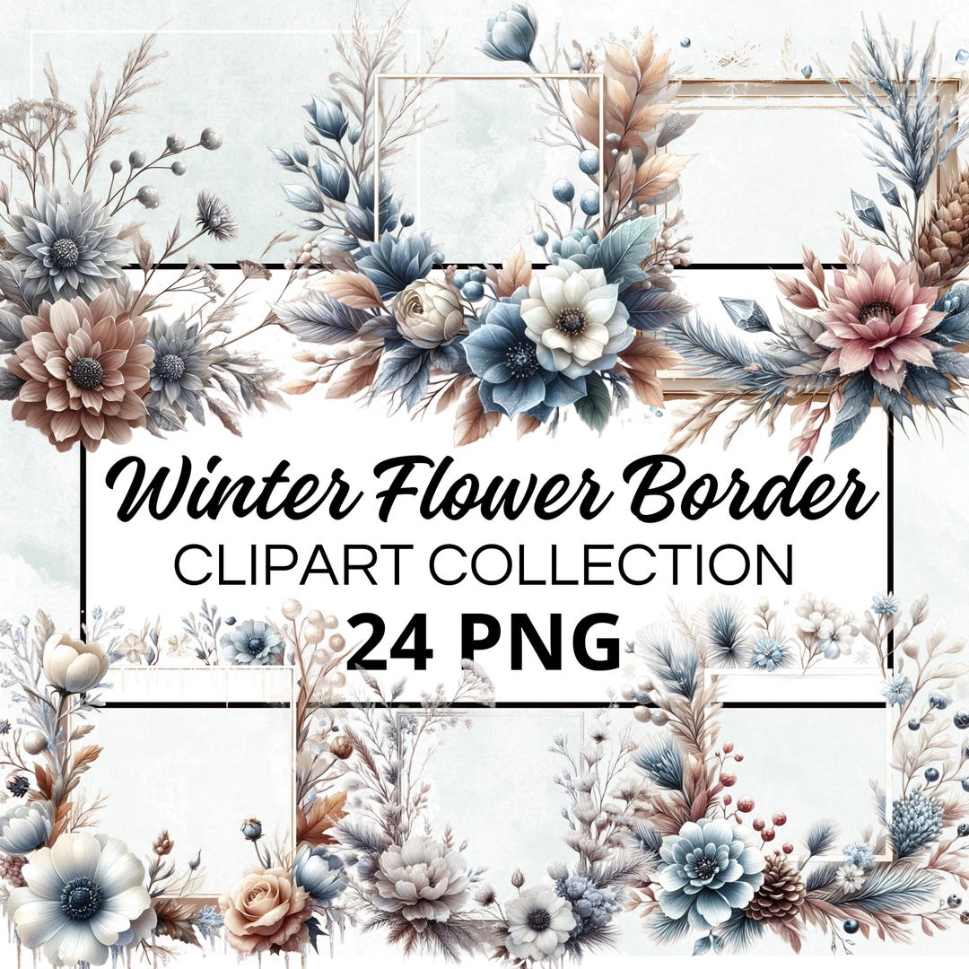 Winter Flower Border Watercolor Clipart Bundle, Digital Scrapbook ...