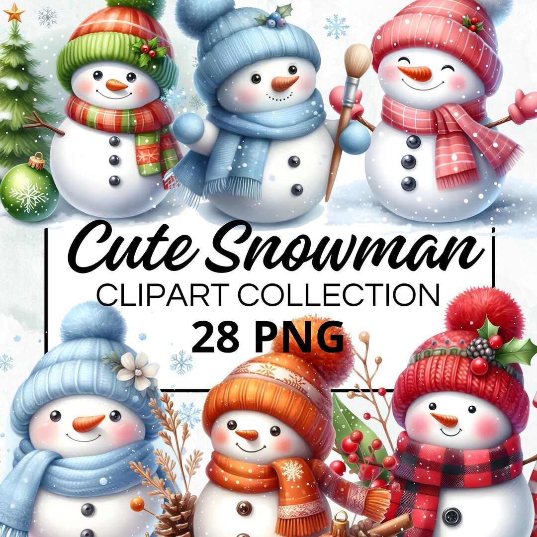 Cute Snowman Clipart Collection, 28 Watercolor Pngs for Instant ...
