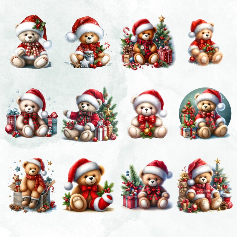 Christmas Teddy Bear Clipart Collection, 24 Watercolor Pngs for Instant ...