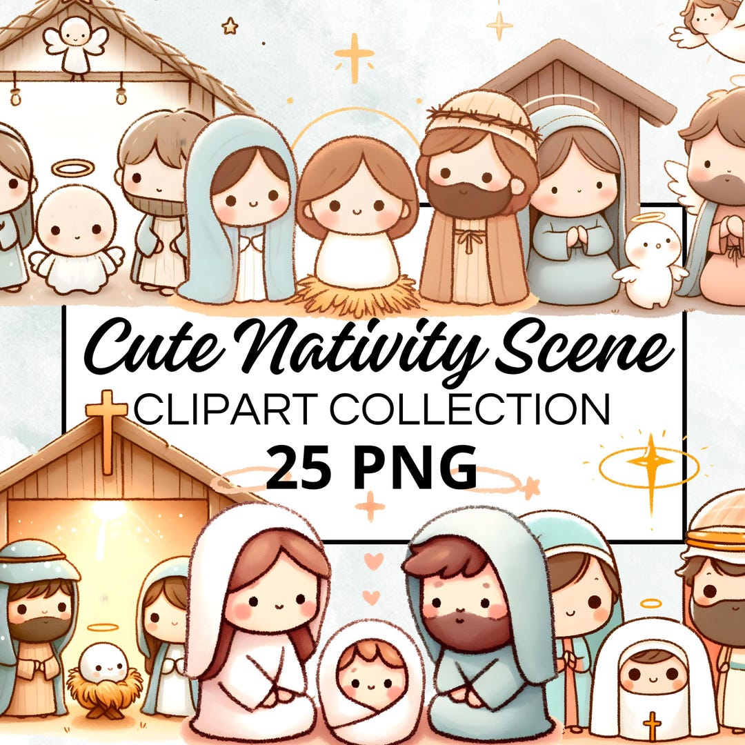 Cute Nativity Scene Clipart Collection, 25 Watercolor Pngs for Instant ...