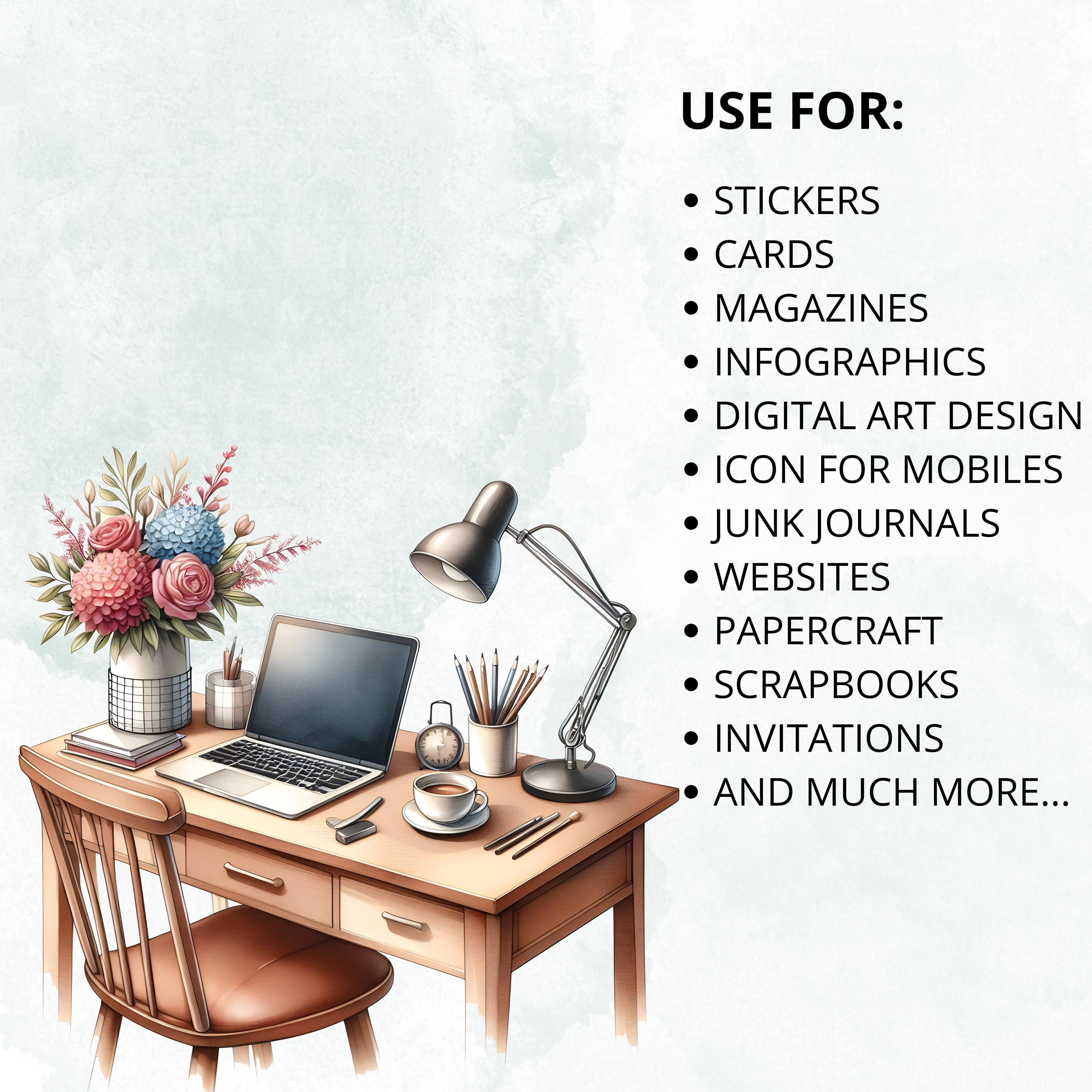 Desk Scene Clipart Collection, 31 Watercolor Pngs for Instant Download ...