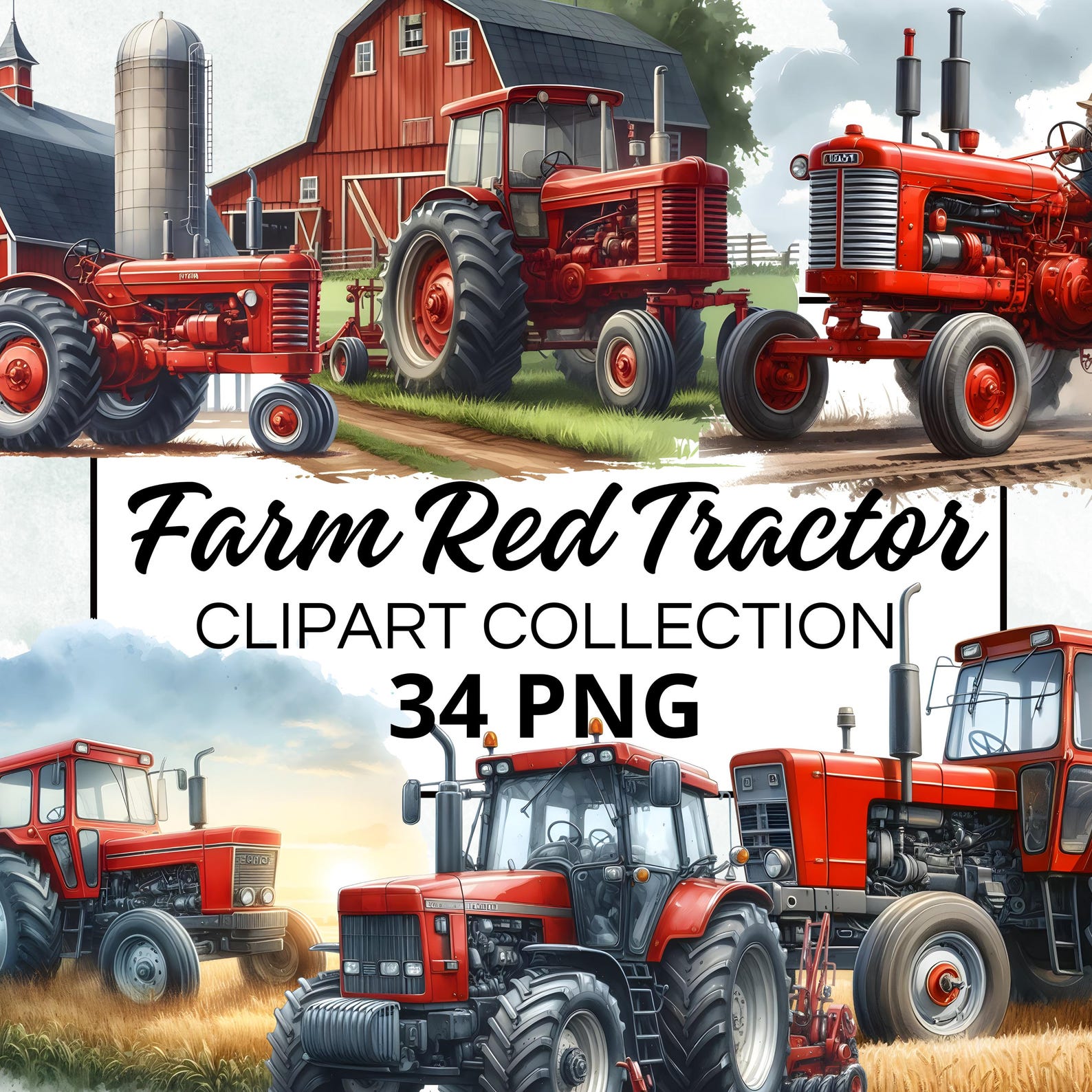 Farm Red Tractor Clipart Collection, 34 Watercolor Pngs for Instant ...
