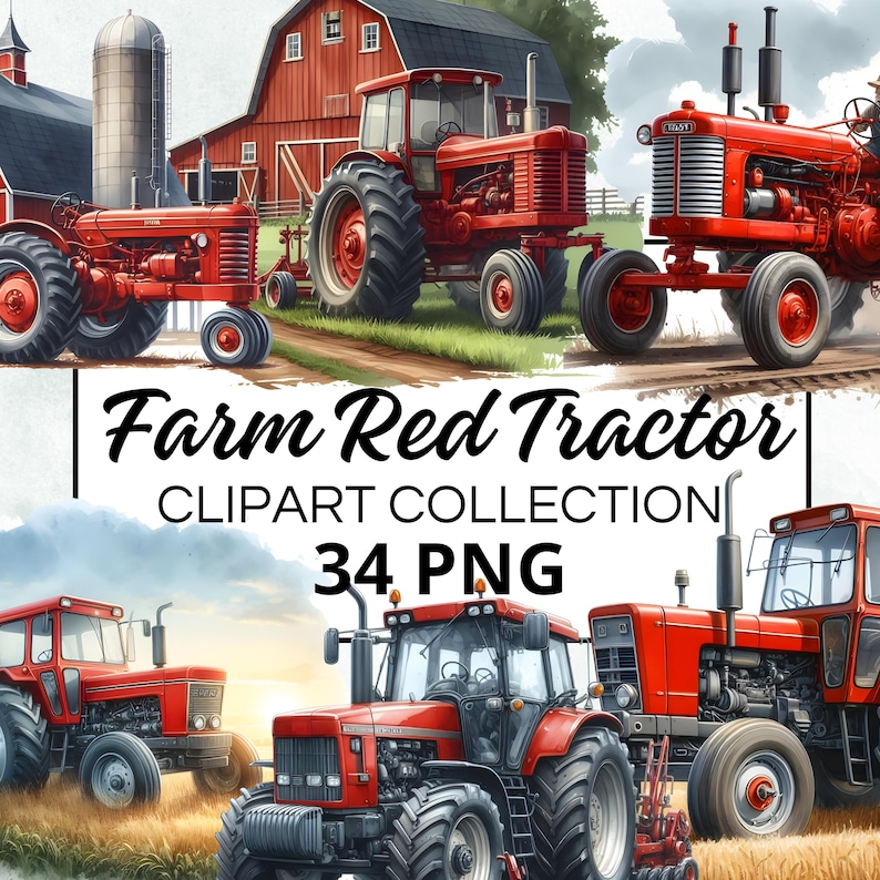 Farm Red Tractor Clipart Collection, 34 Watercolor Pngs for Instant ...