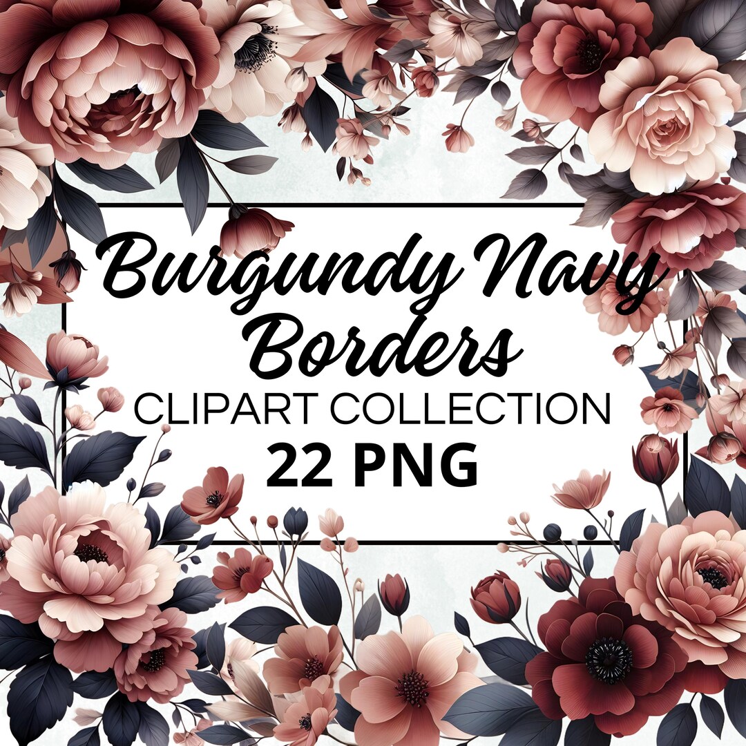 Burgundy Navy Borders Clipart Collection, 22 Watercolor Pngs for ...