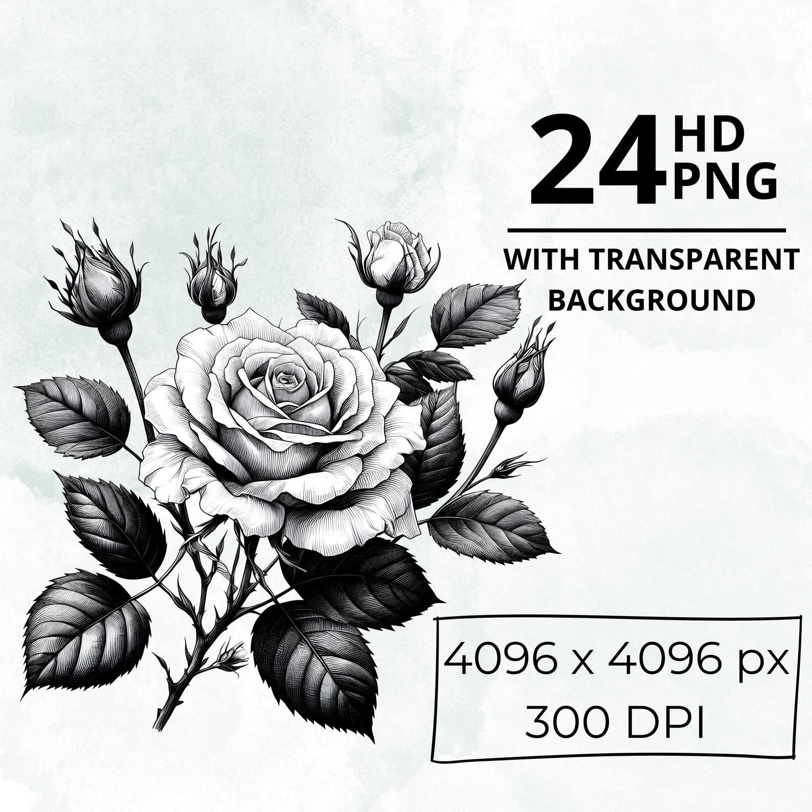 24 Watercolor Black Line Rose Clipart Bundle, Watercolor Clipart, PNG ...