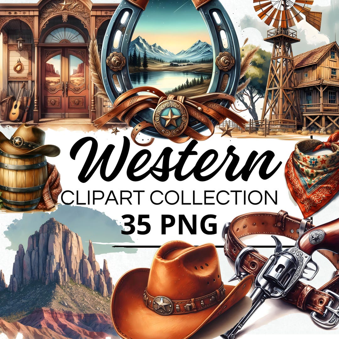 Western Watercolor Clipart Bundle, Digital Scrapbook & Craft Graphics for Invitations ...