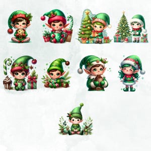 Cute Green Christmas Elf Clipart Collection, 21 Watercolor Pngs for ...