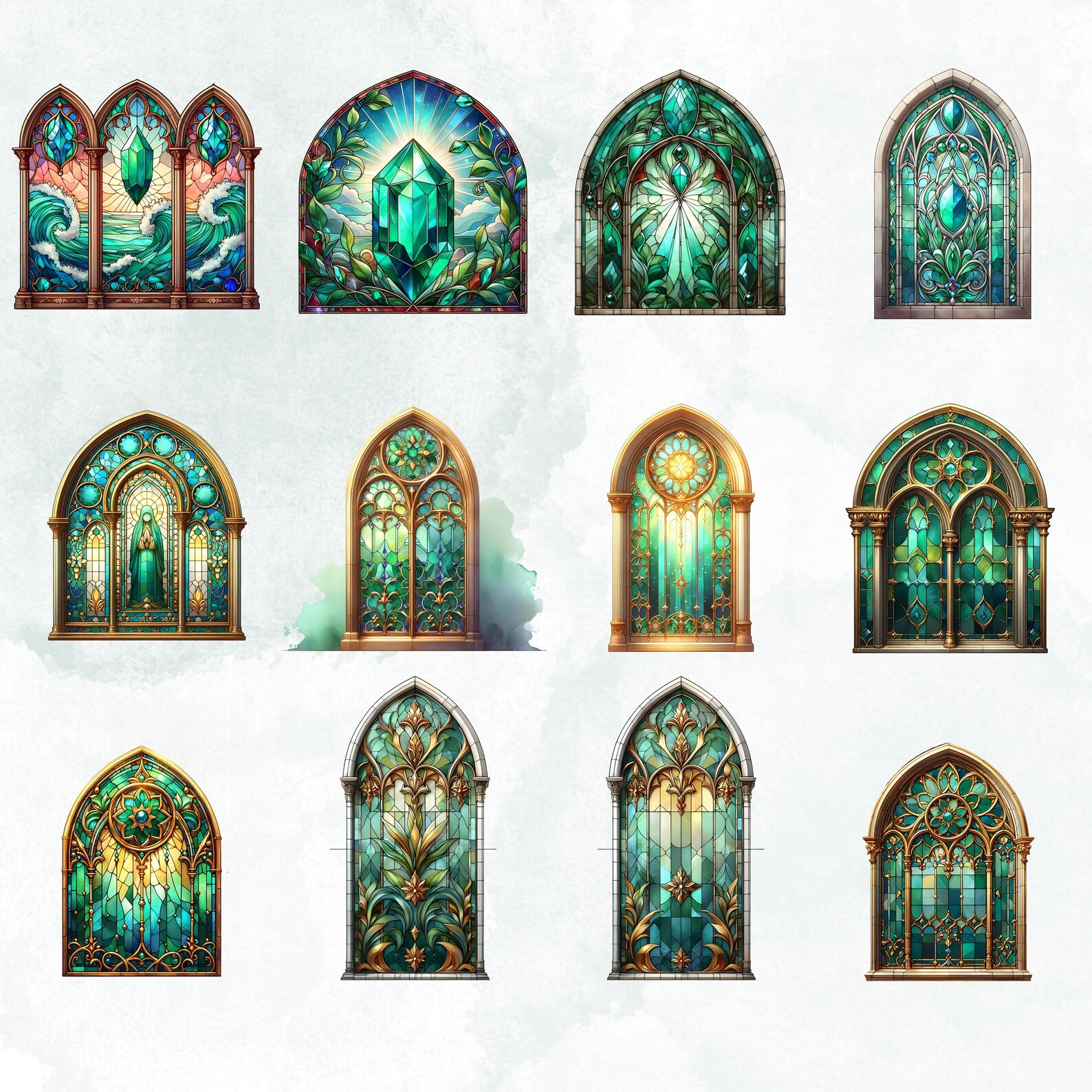Emerald Stained Glass Window Clipart Collection, 33 Watercolor Pngs for ...
