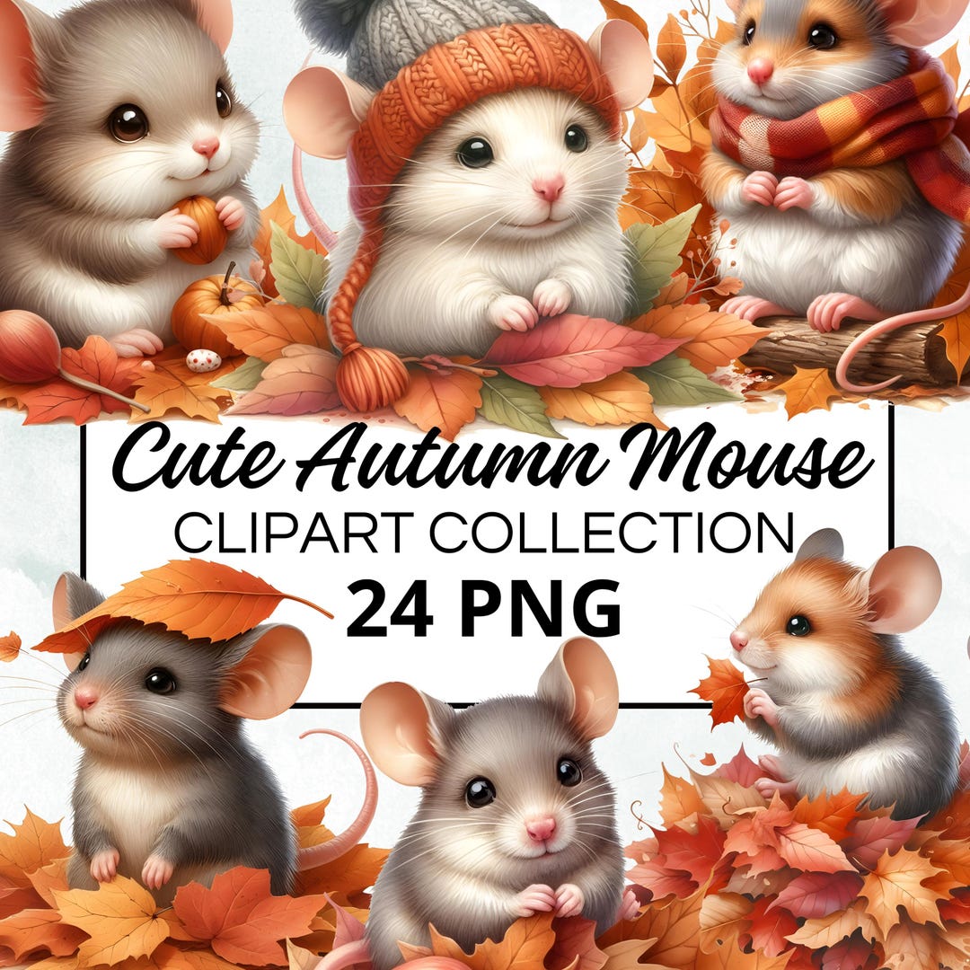 Cute Autumn Mouse Clipart Collection, 24 Watercolor Pngs for Instant ...