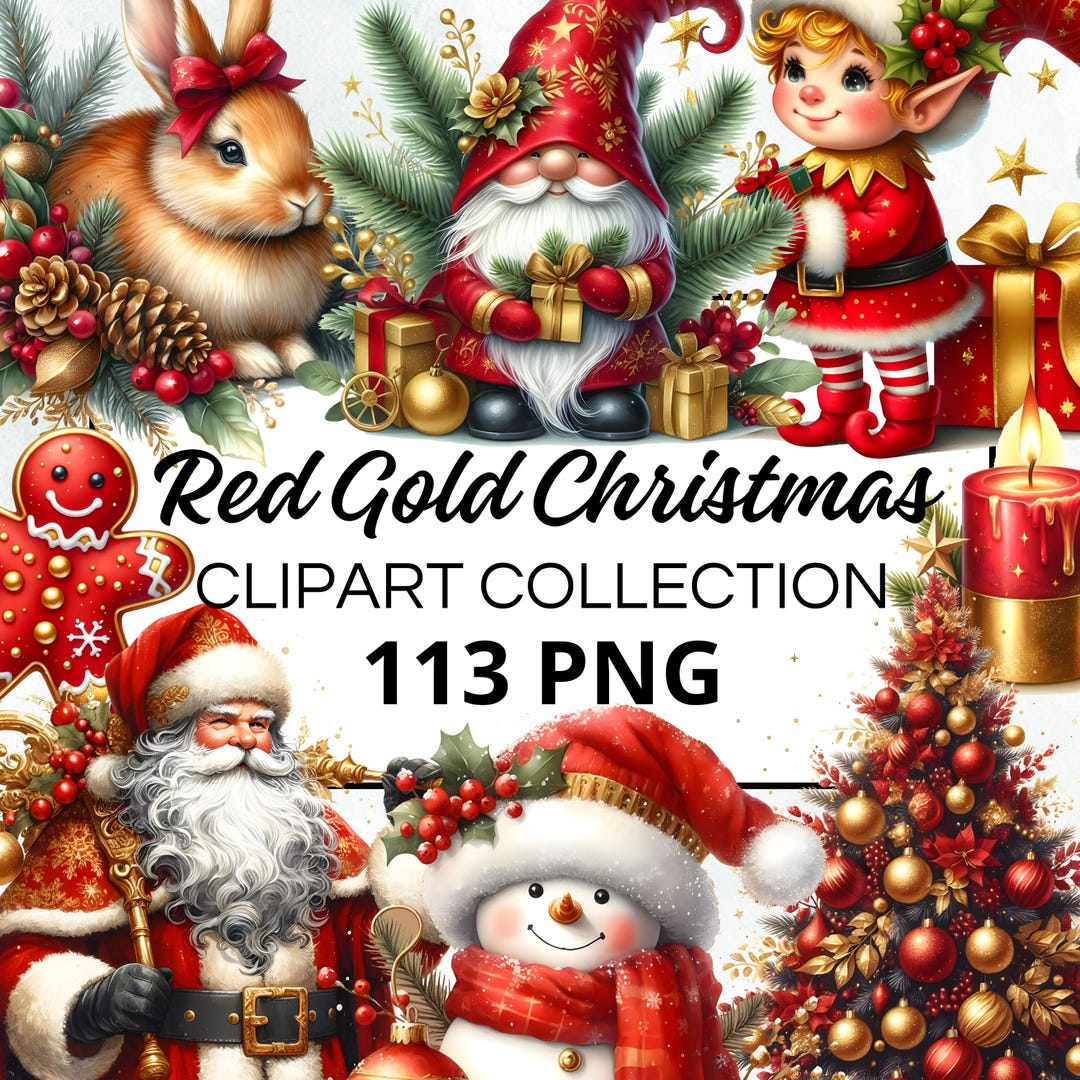 Christmas Red Gold Clipart Collection, 113 Watercolor Pngs for Instant ...