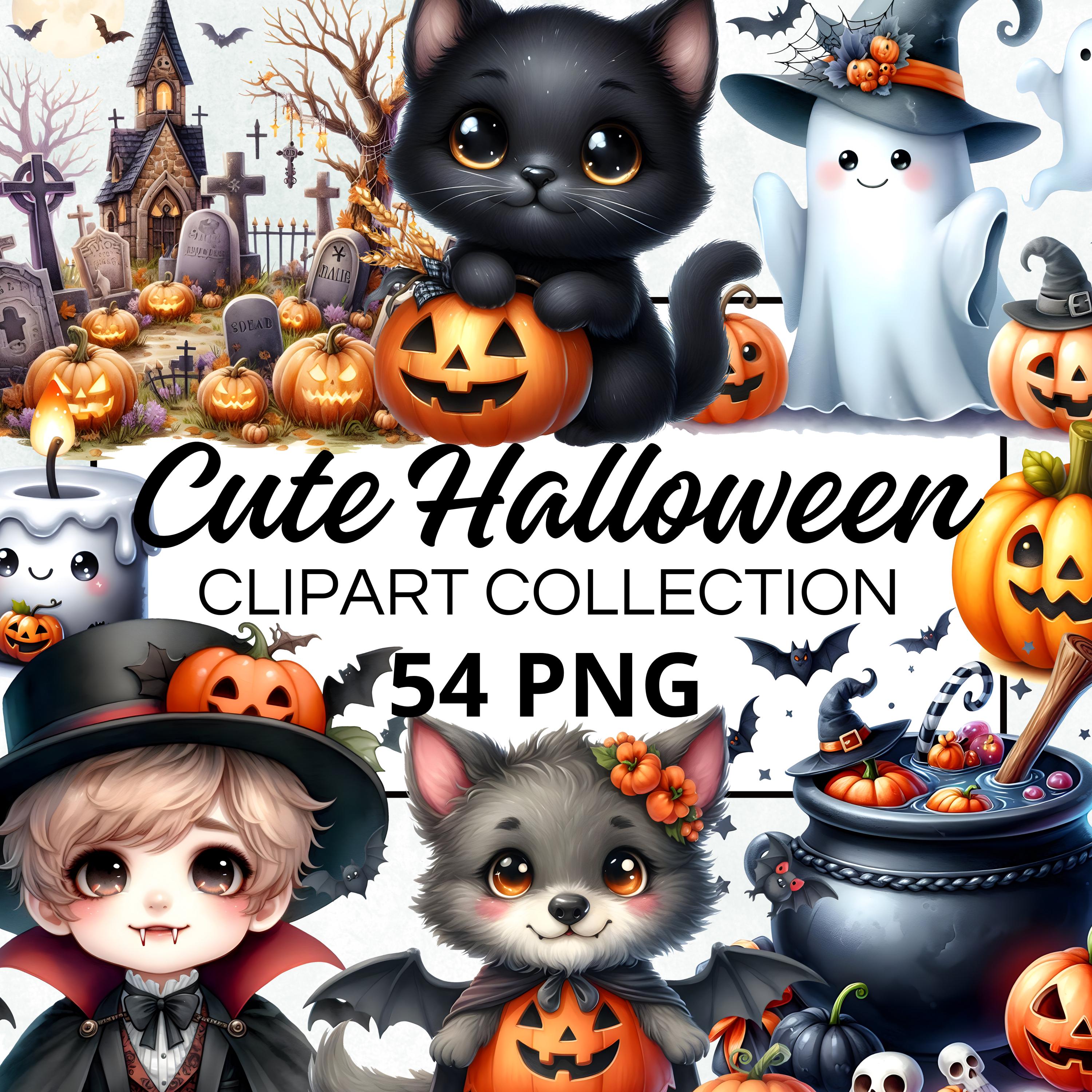 Cute Halloween Clipart Collection, 54 Watercolor Pngs for Instant ...
