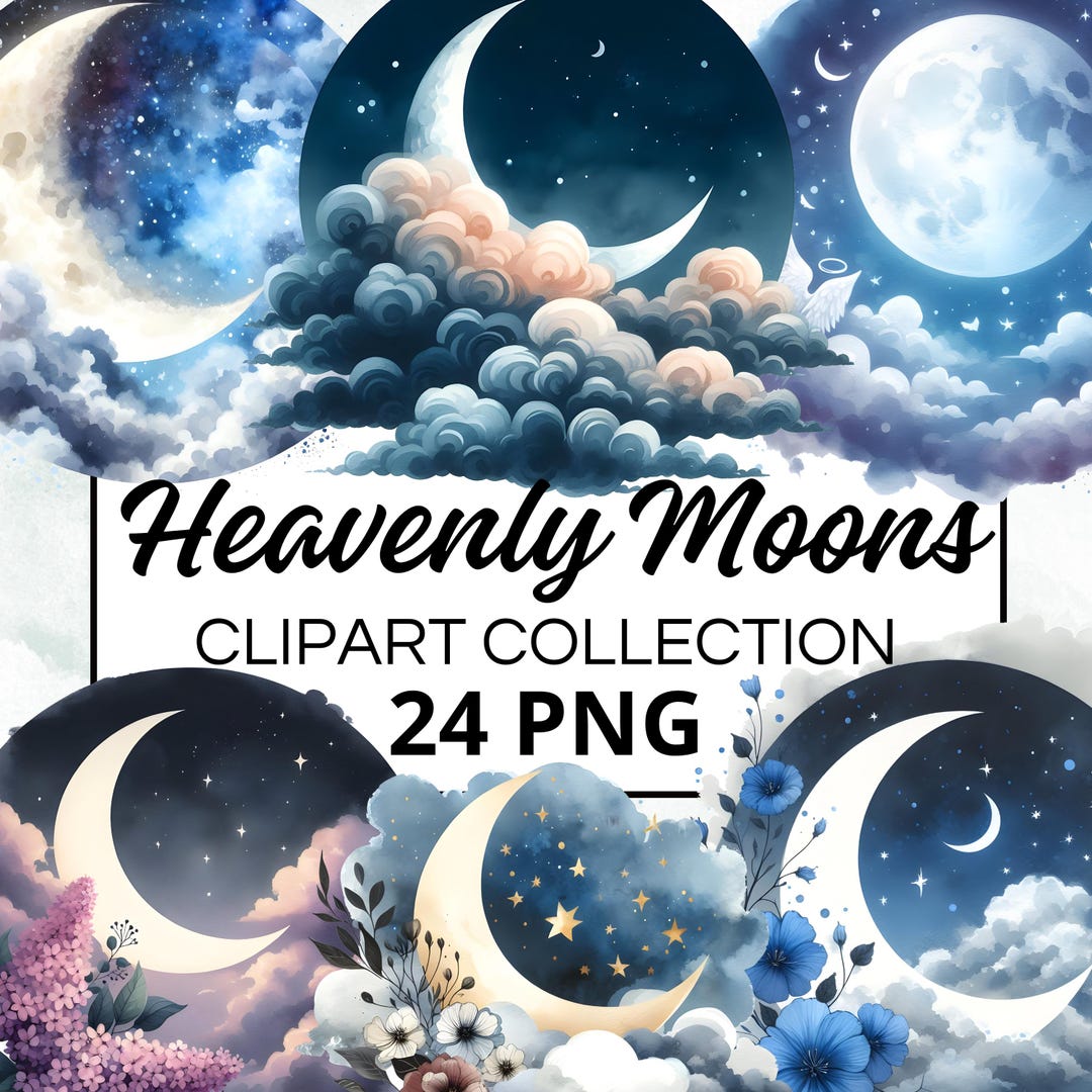 Heavenly Moons Watercolor Clipart Bundle, Digital Scrapbook & Craft ...