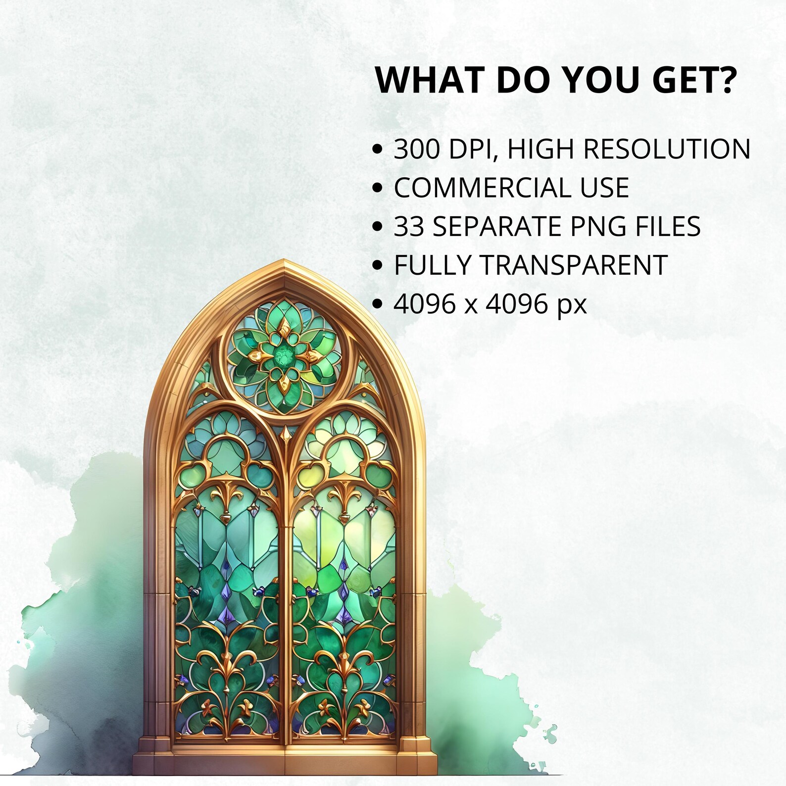 Emerald Stained Glass Window Clipart Collection, 33 Watercolor Pngs for ...