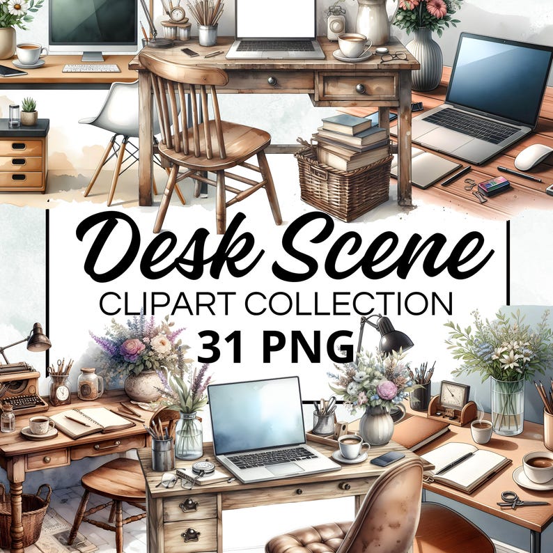 Desk Scene Clipart Collection, 31 Watercolor Pngs for Instant Download ...