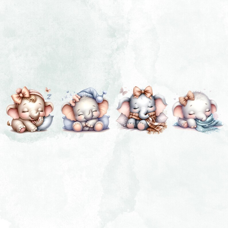 Cute Elephant Sleeping Neutral Clipart Collection, 16 Watercolor Pngs ...