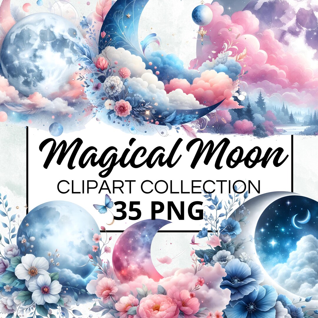 Magical Moon Watercolor Clipart Bundle, Digital Scrapbook & Craft ...