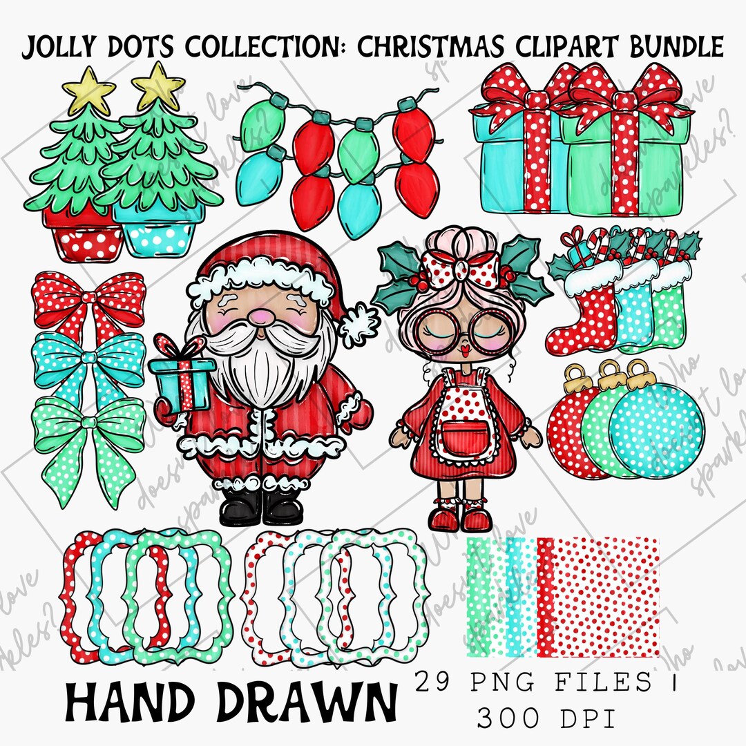 Mr and Mrs Claus Christmas Clipart Bundle Hand Drawn Digital Papers 300 ...