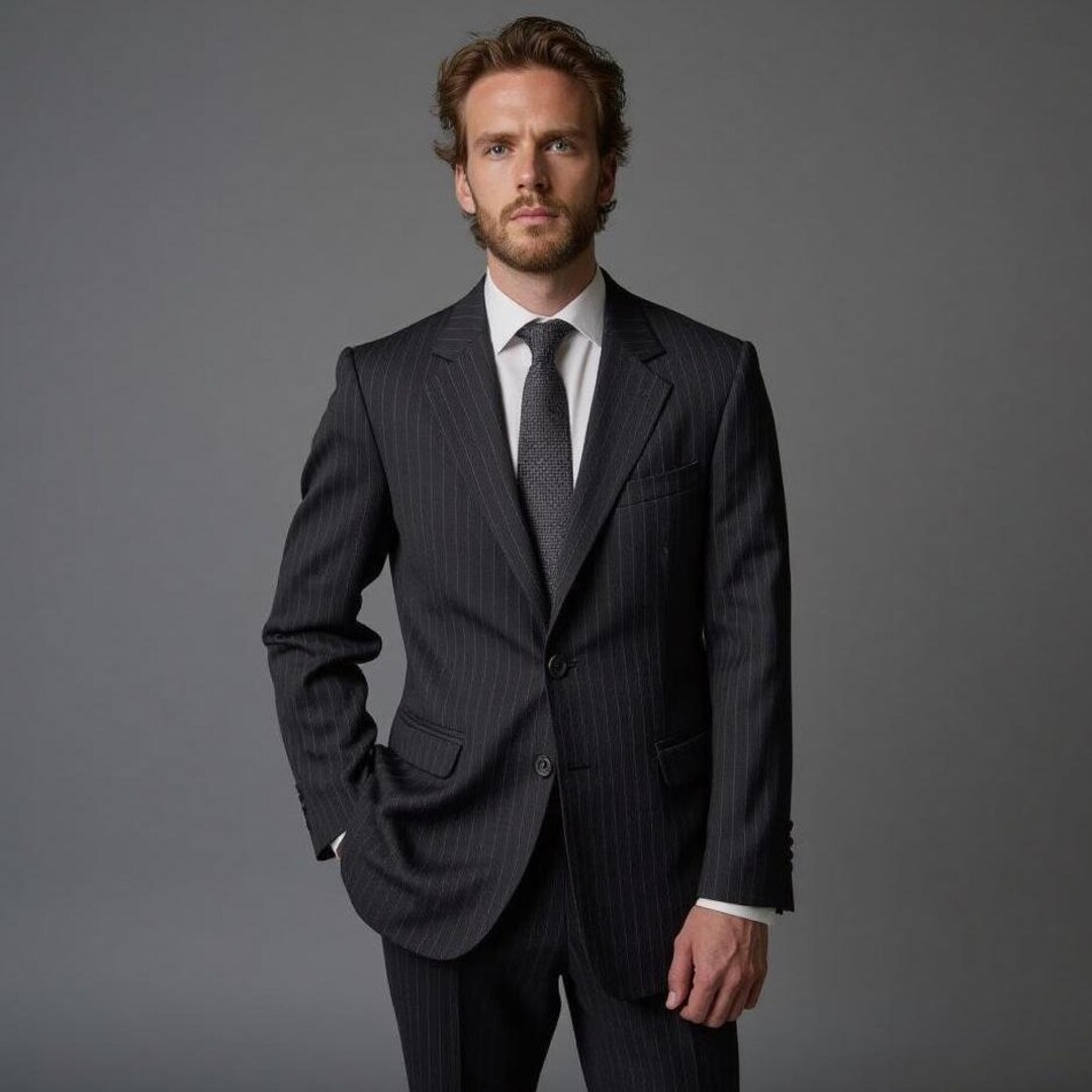 Men's Striped Suit Classic Grey Suit Charcoal Grey Chalk Stripe Suit ...