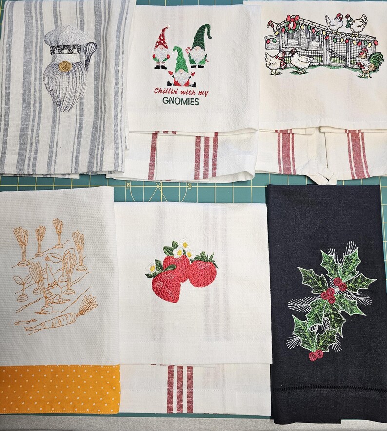 Unique Embroidered Cotton and Linen Tea Towels. One of a Kind, Gnomes, Chickens, Strawberries ...