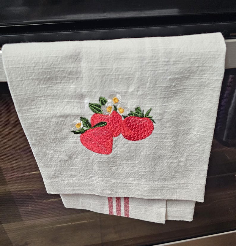 Unique Embroidered Cotton and Linen Tea Towels. One of a Kind, Gnomes, Chickens, Strawberries ...