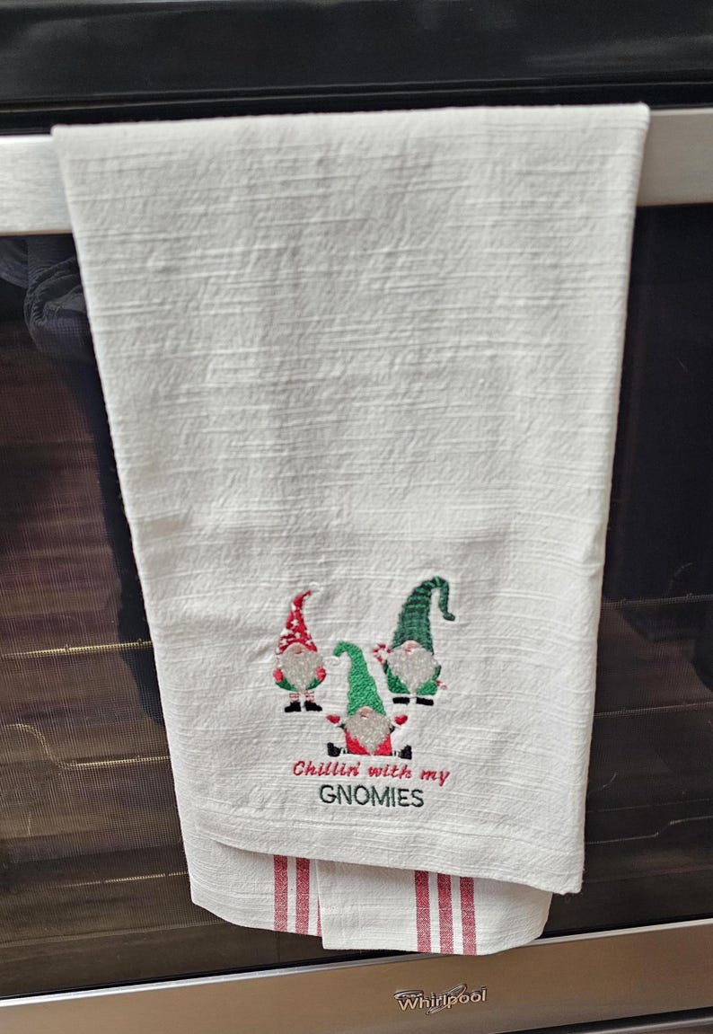 Unique Embroidered Cotton and Linen Tea Towels. One of a Kind, Gnomes, Chickens, Strawberries ...