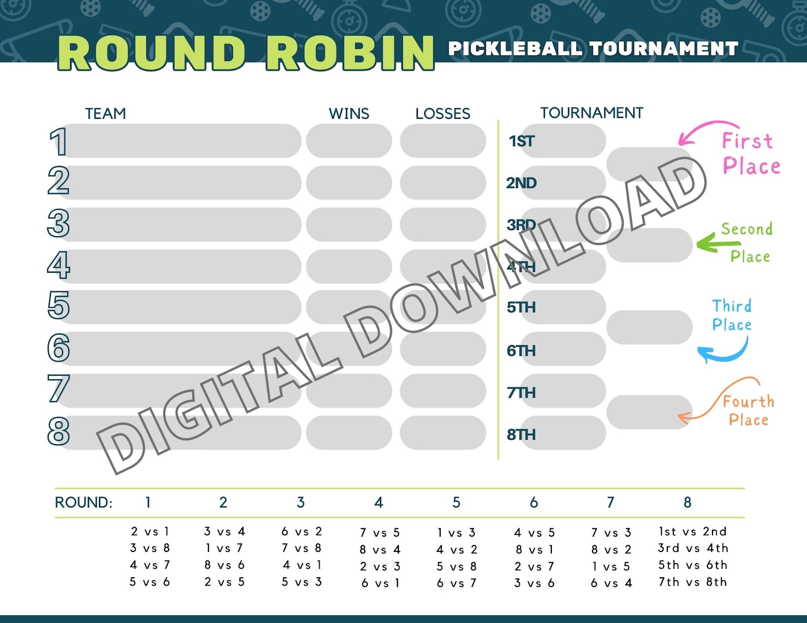 Pickleball Tournament Brackets for 8 Team Round Robin Digital Download ...