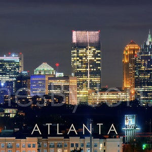 CANVAS Atlanta Skyline at Night Color or BW Downtown Midtown Panoramic ...